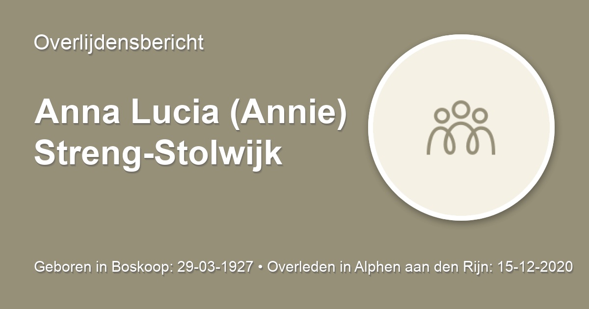 Anna Lucia (Annie) Streng-Stolwijk 15 december 2020 ...