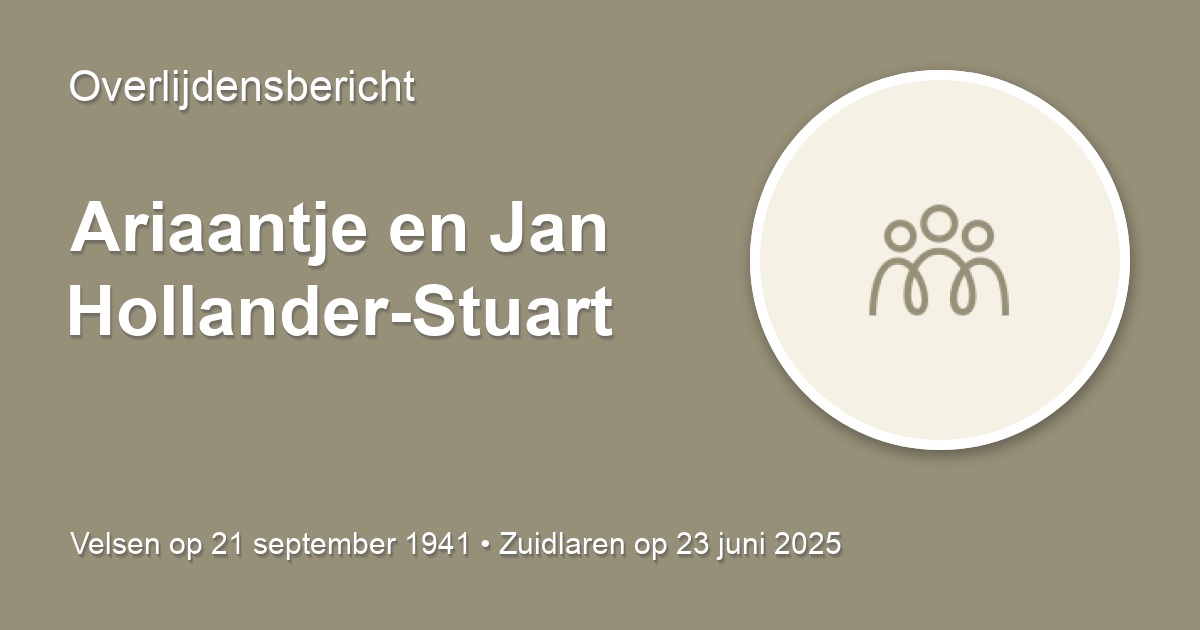 Ariaantje en Jan Hollander-Stuart 23 juni 2025 • overlijdensbericht en ...