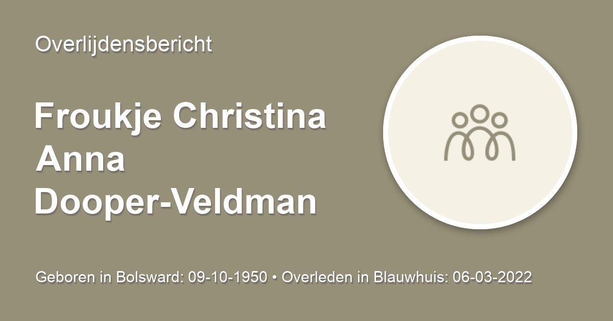 Froukje Christina Anna Dooper-Veldman 6 maart 2022 • overlijdensbericht ...