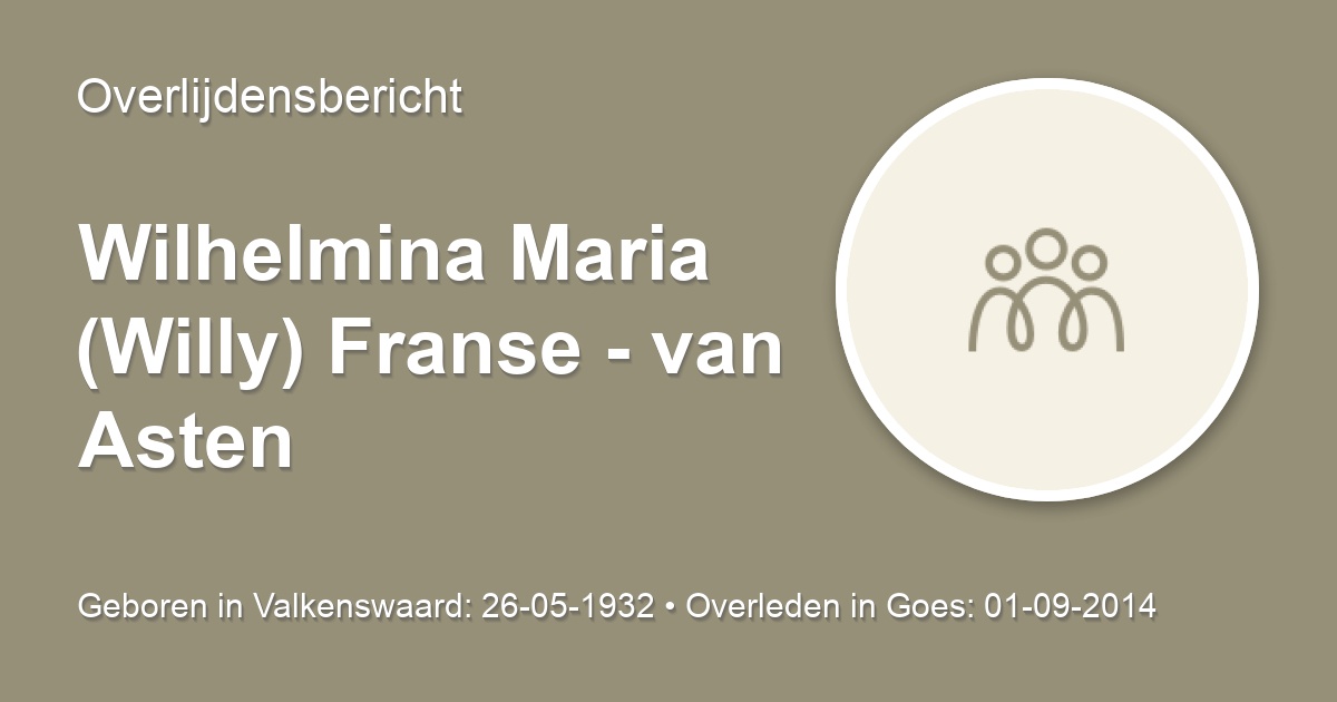 Wilhelmina Maria (Willy) Franse - van Asten 1 september 2014 ...